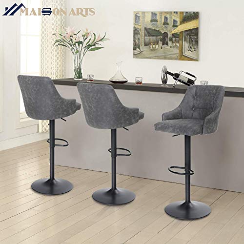 MAISON ARTS Swivel Adjustable Bar Stool with Back for Kitchen Counter Padded Counter Height Faux Leather Bar Chair with Heavy Duty Base for Pub Cafe Dining, 300LBS Weight Capacity, Grey, 1 Stool