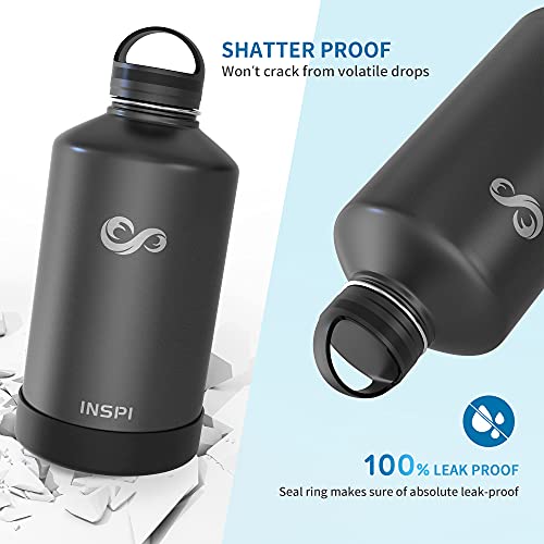 Water Bottle Insulated 64oz, INSPI Stainless Steel Water Bottle with Straw & 3 Lids, Half Gallon Large Water Jug Wide Mouth, 64 oz Triple Wall Vacuum Hydro Jug, Keep Cold for 48Hrs Flask, Black