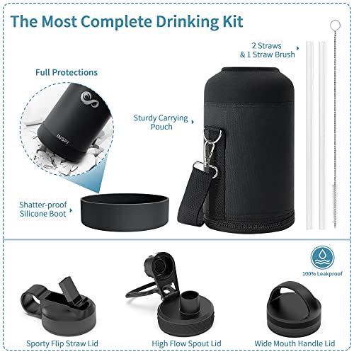 Water Bottle Insulated 64oz, INSPI Stainless Steel Water Bottle with Straw & 3 Lids, Half Gallon Large Water Jug Wide Mouth, 64 oz Triple Wall Vacuum Hydro Jug, Keep Cold for 48Hrs Flask, Black