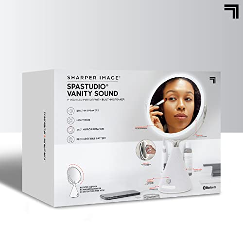 Sharper Image SpaStudio Vanity Sound, 9-Inch LED Mirror with Built-in Speaker, Wireless Bluetooth Audio, Touch-Activated Brightness Controls, Dimmable Halo Light Ring, 5X and 10X Magnification
