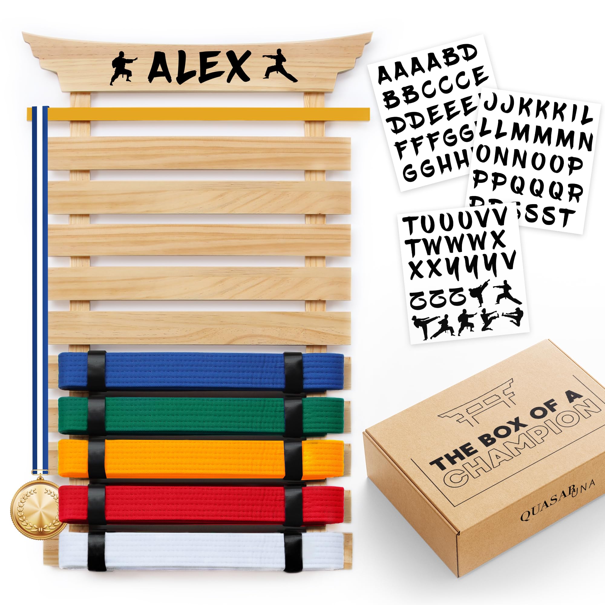Quasar-Una Belt Holder Customizable Karate Belt Display Rack | Elevate Your Martial Arts Legacy with Premium Wood Shelf | Flaunt 10 Belts in Style with ultime Stickers Customization.