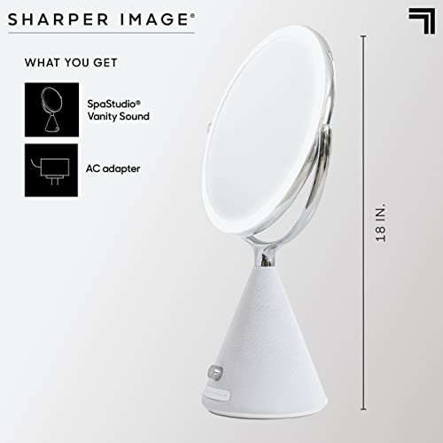 Sharper Image SpaStudio Vanity Sound, 9-Inch LED Mirror with Built-in Speaker, Wireless Bluetooth Audio, Touch-Activated Brightness Controls, Dimmable Halo Light Ring, 5X and 10X Magnification