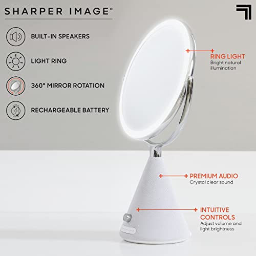 Sharper Image SpaStudio Vanity Sound, 9-Inch LED Mirror with Built-in Speaker, Wireless Bluetooth Audio, Touch-Activated Brightness Controls, Dimmable Halo Light Ring, 5X and 10X Magnification
