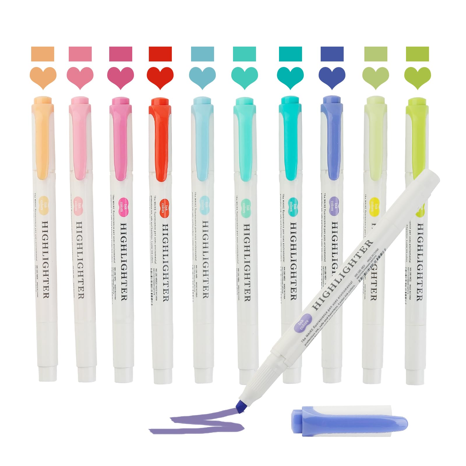 MAIKEDEPOT Real Mild Highlighters, Pastel Highlighter Assorted Colors Markers Dual Tip Highlighter Markers Chisel and Fine Tips for Coloring, Underlining, Highlighting (10colors)
