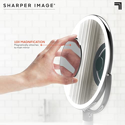 Sharper Image SpaStudio Vanity Sound, 9-Inch LED Mirror with Built-in Speaker, Wireless Bluetooth Audio, Touch-Activated Brightness Controls, Dimmable Halo Light Ring, 5X and 10X Magnification