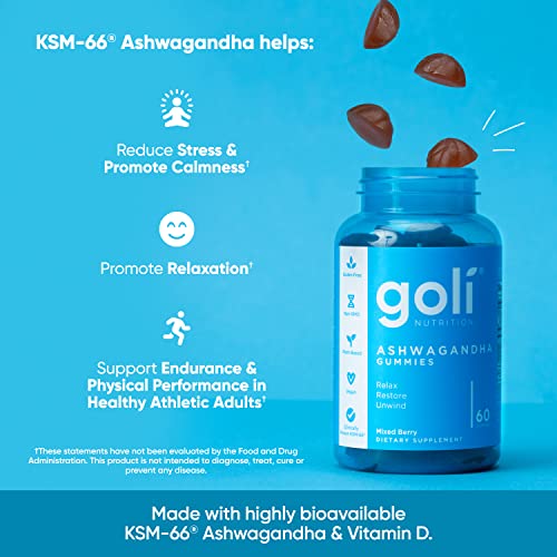 Goli Ashwagandha & Vitamin D Gummy - 60 Count - Mixed Berry, KSM-66, Vegan, Plant Based, Non-GMO, Gluten-Free & Gelatin Free Relax. Restore. Unwind.