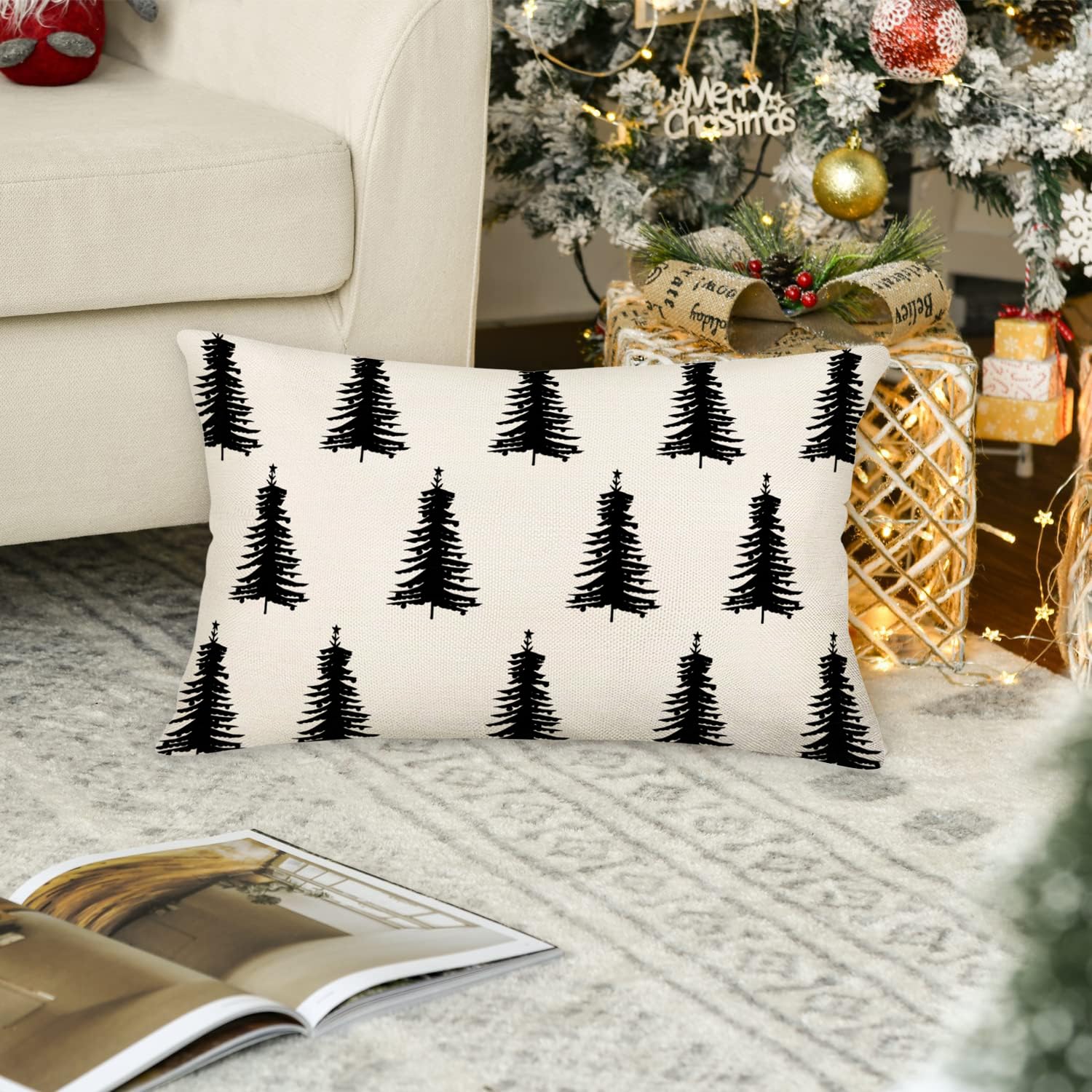 MEHOTOP 12 x 20 Christmas Pillow Covers Xmas Throw Pillow Case Standard Size Simple Christmas Tree Print Black White Decorative Pillowcase Winter Home Decoration Cushion Cover for Couch Sofa Patio Bed