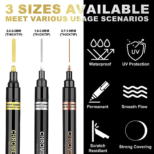 shirylzee 9Pcs Mirror Chrome Markers,Silver & Gold & Rose Permanent Chrome Marker Pens,Waterproof Reflective Gloss Metallic Markers for Repairing, Model Painting,Marking or DIY Art Projects