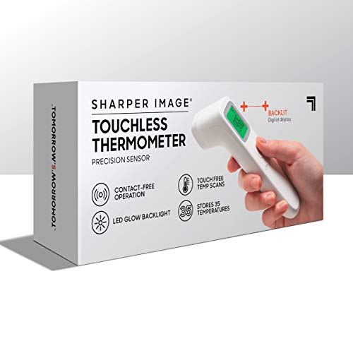 SHARPER IMAGE Digital Touchless Smart Forehead Thermometer, High-Precision Infrared Sensors, Stores 35 Readings, Touch-Free Temp Scans, Battery Powered, Built-in LED Glow Light