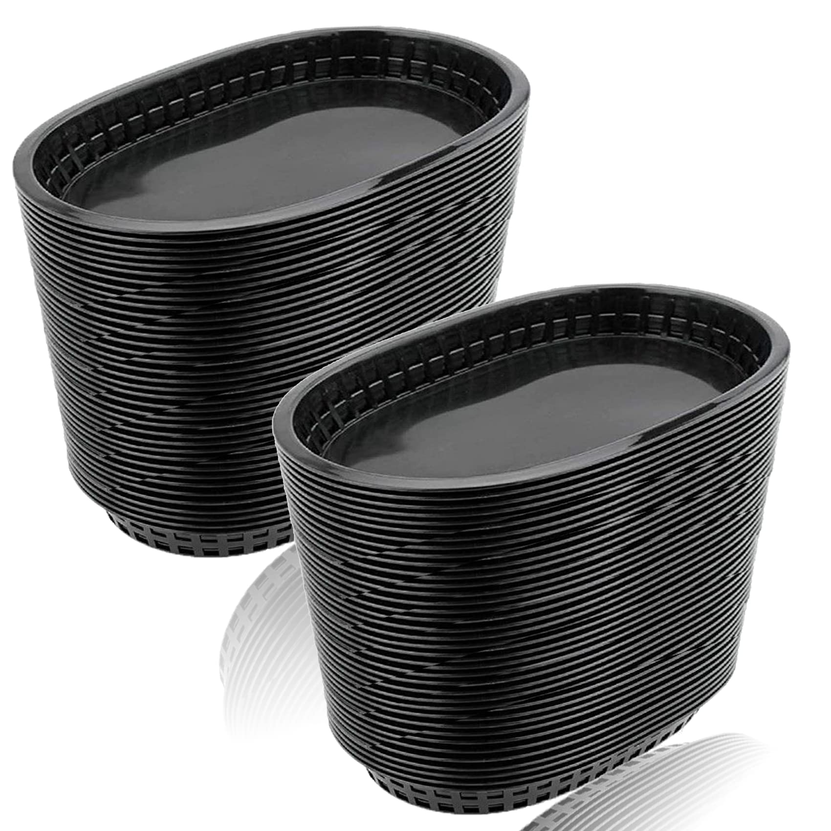 LyyGuanYoo 40 Pack Fast Food Baskets, Reusable Deli Fast Food Storage Baskets, 10.5 x 7 Inch Black Plastic Baskets, Food Service Tray Holder Set for Fruit, Hot Dogs, Burgers, Fries, Snacks,Picnic