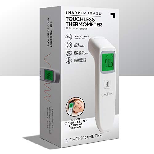 SHARPER IMAGE Digital Touchless Smart Forehead Thermometer, High-Precision Infrared Sensors, Stores 35 Readings, Touch-Free Temp Scans, Battery Powered, Built-in LED Glow Light
