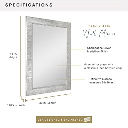 MCS 24x36 Inch Stamped Medallion Wall Mirror, 32x44 Inch Overall Size, Champagne Silver (47700), 32 by 44-Inch