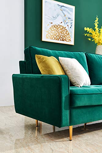 JULYFOX Emerald Green Velvet Fabric Sofa Couch, 70 inch Wide Mid Century Modern Living Room Couch 700lb Heavy Duty with 2 Throw Pillows