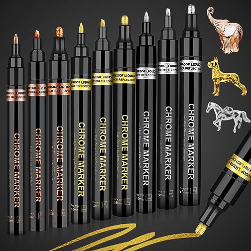 shirylzee 9Pcs Mirror Chrome Markers,Silver & Gold & Rose Permanent Chrome Marker Pens,Waterproof Reflective Gloss Metallic Markers for Repairing, Model Painting,Marking or DIY Art Projects