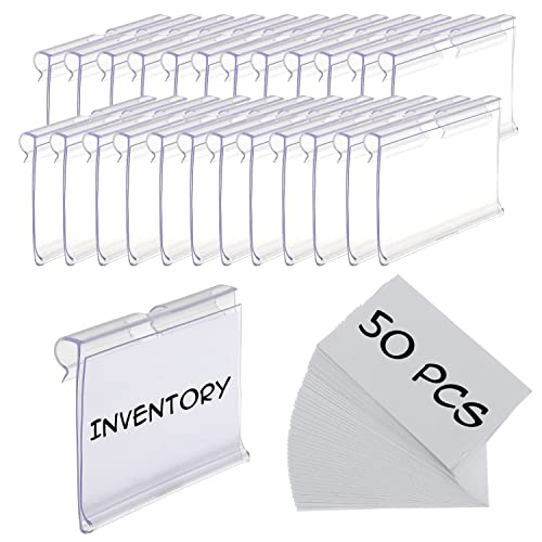 50pcs Labels for Storage Bins Plastic Label Clip, Basket Labels Clip On Wire Shelf Price Label Holder Merchandise Sign Display Holder, 50pcs Label Insert Included (2.36IN*1.57IN)