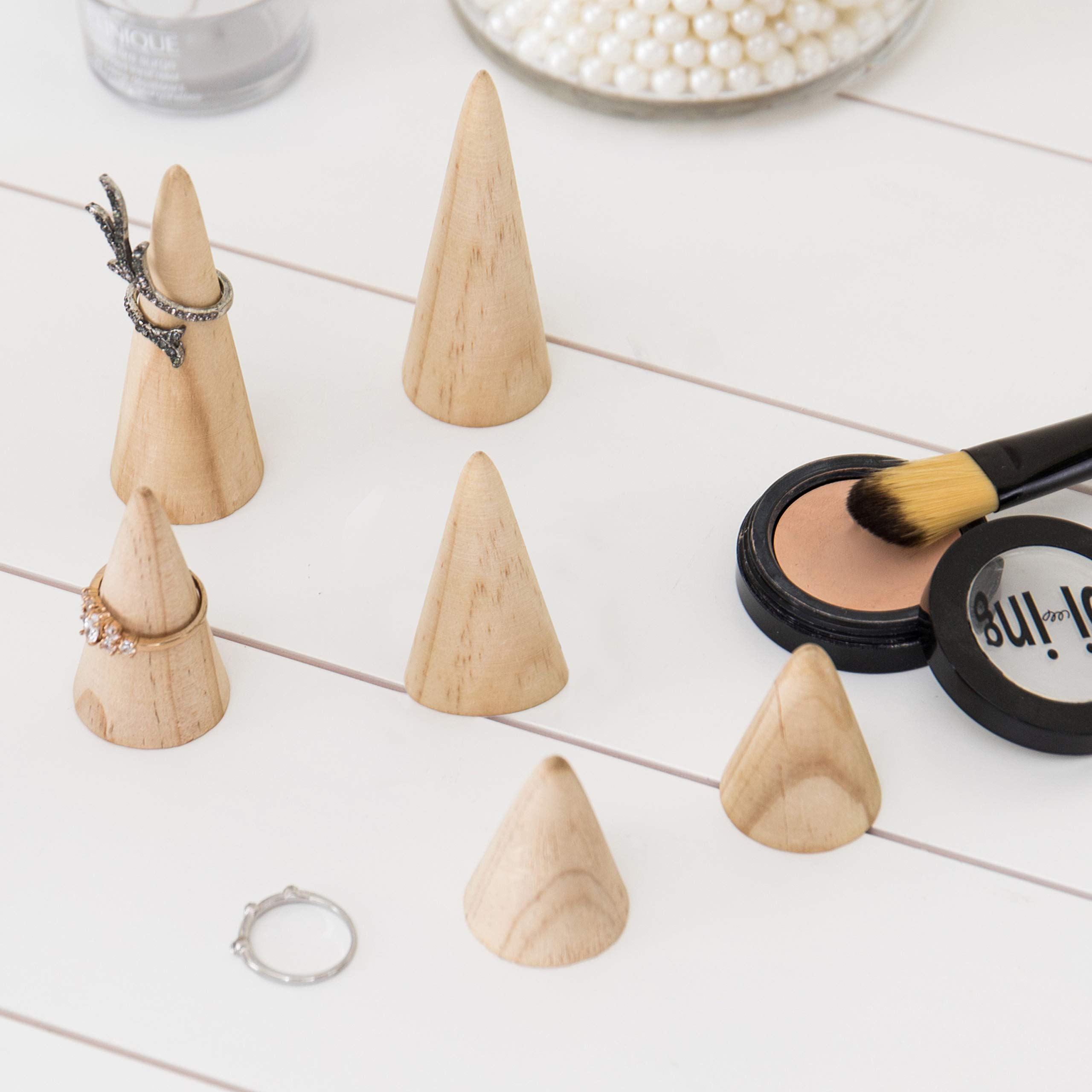 MyGift Natural Wood Wedding Ring Holder for Jewelry Engagement, Costume Ring Cone, Set of 6