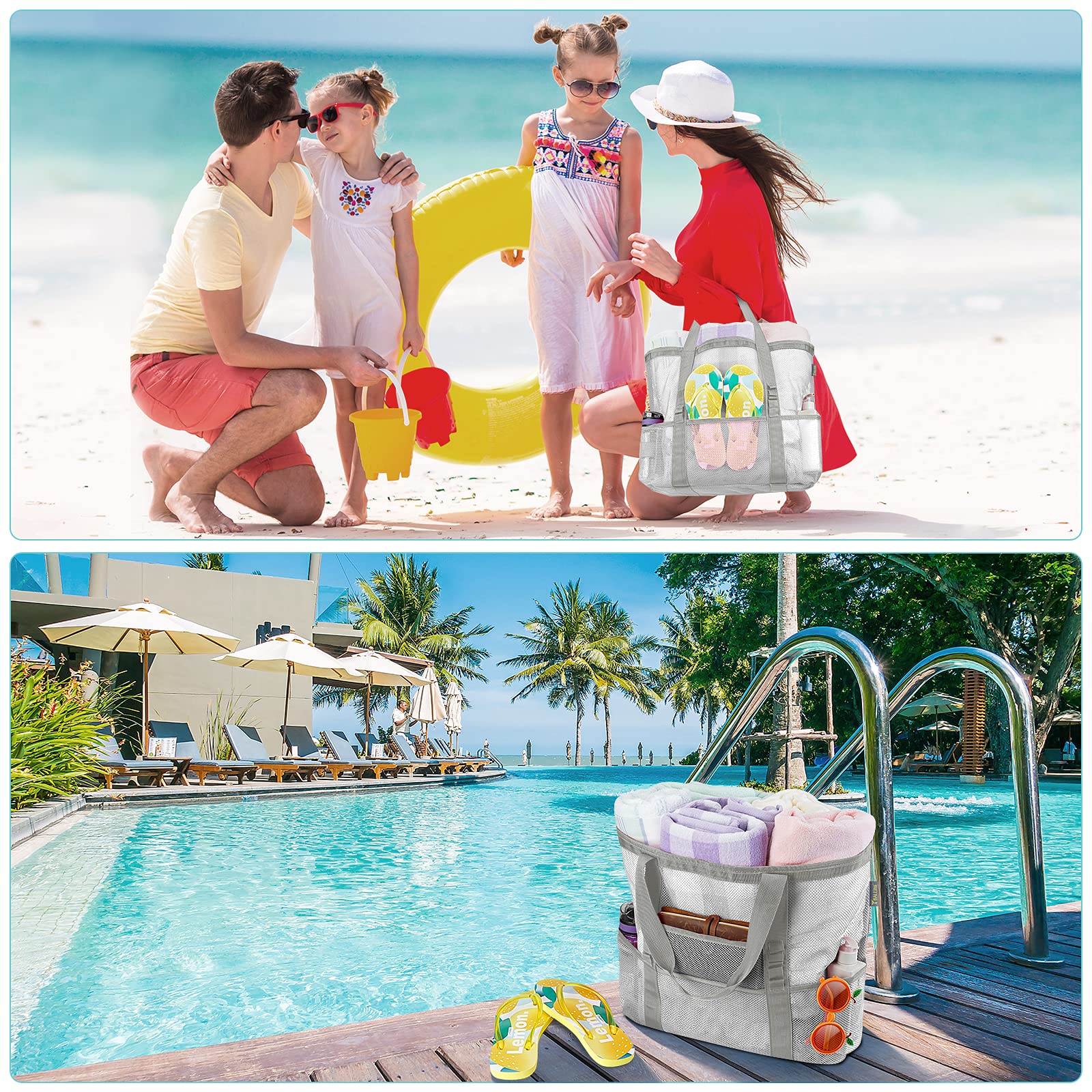 BALEINE Large Beach Bag Pool Bags, Mesh Beach Tote for Toys, Towel, flip flops, White