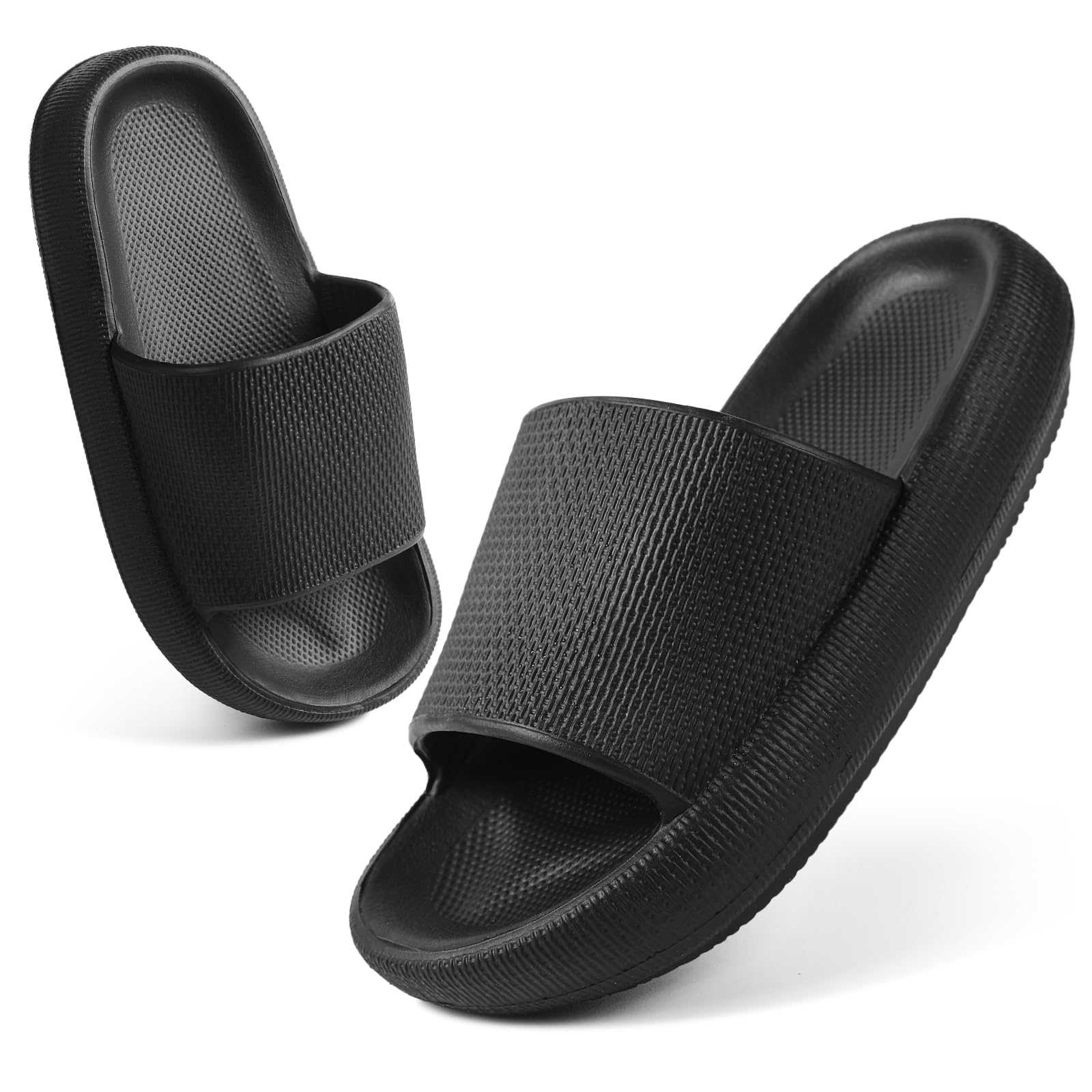 Menore Cloud Slides for Kids Shower Beach Slippers Boys Girls Bathroom Thick Sole Pillow Slippers Summer Non-Slip Pool Sandals(Black,11-11.5Little Kid)