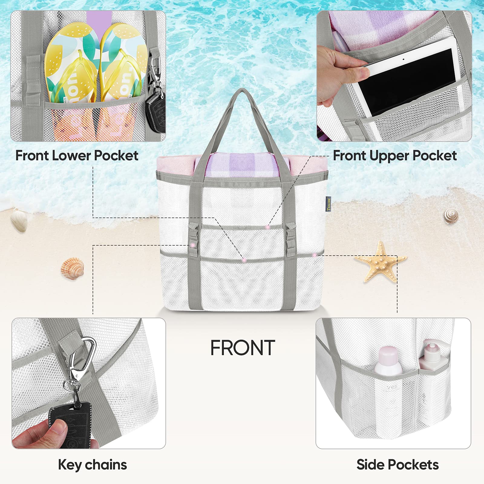 BALEINE Large Beach Bag Pool Bags, Mesh Beach Tote for Toys, Towel, flip flops, White