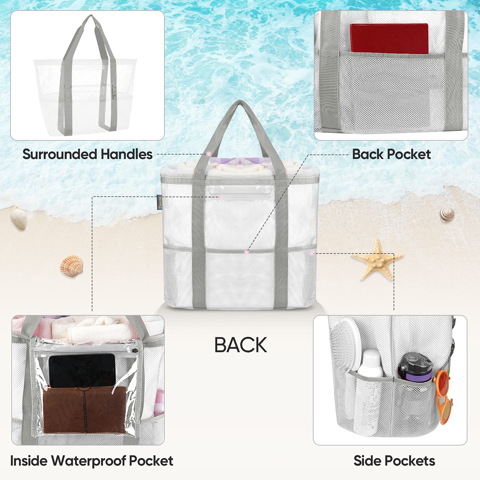 BALEINE Large Beach Bag Pool Bags, Mesh Beach Tote for Toys, Towel, flip flops, White