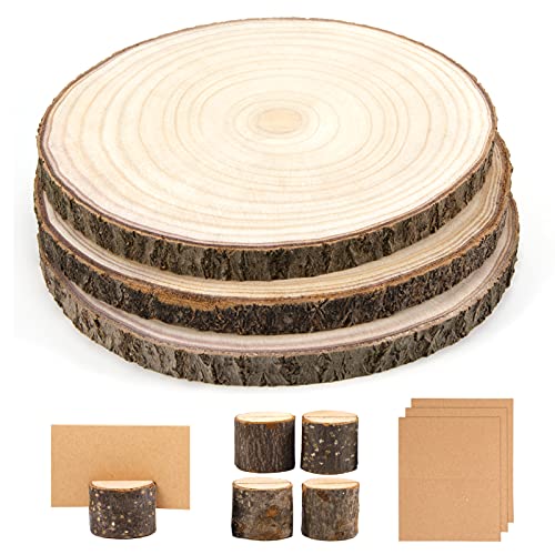 Pllieay 3 Pieces 9-10 Inch Wood Cake Stand Large Wood Slices Serving Tray, with 5 Pieces Cards and 5 Pieces Wood Table Number Card Holders for Table Centerpiece, Wedding Cake and Other DIY Projects