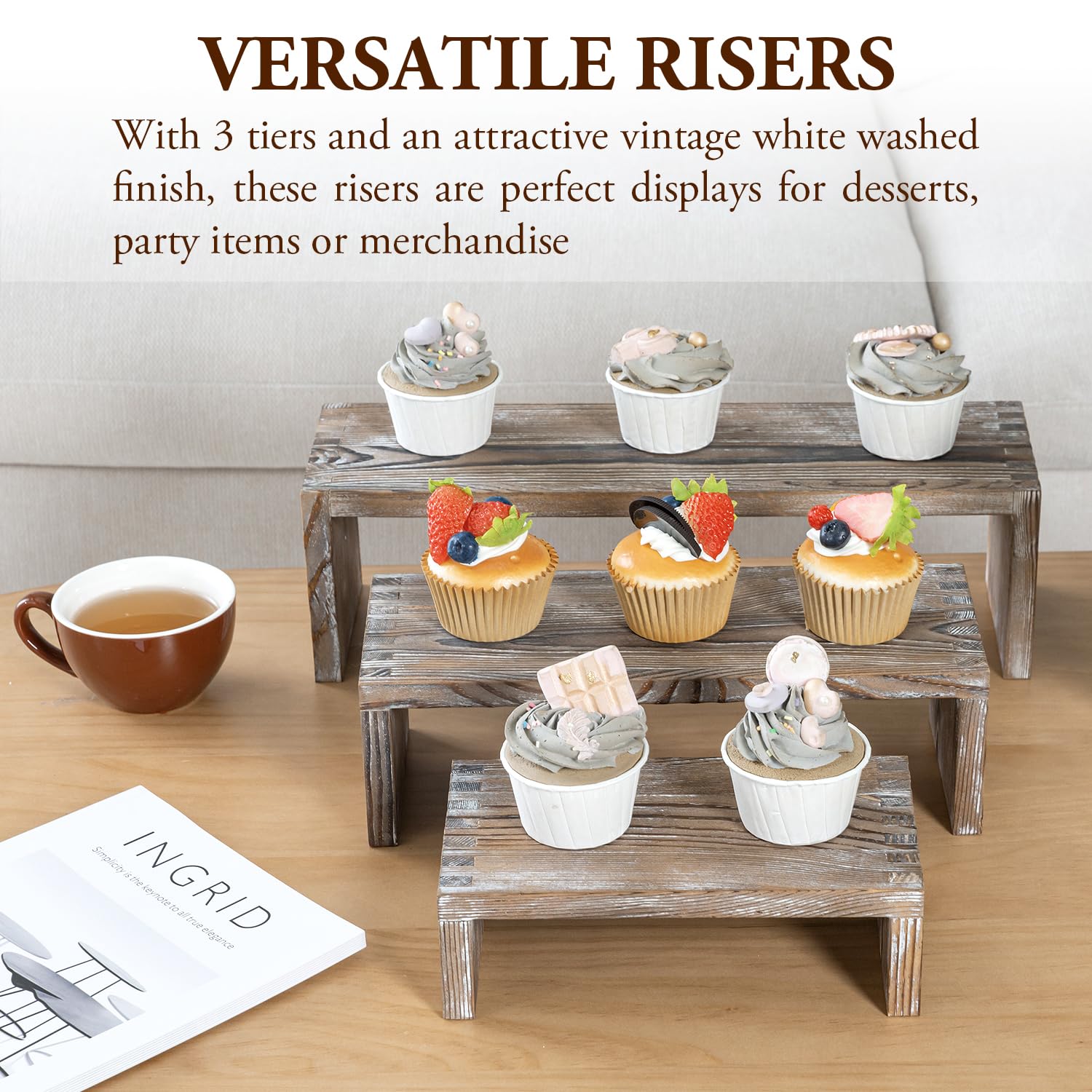 MyGift Rustic Brown Wood 3-Tier Collectibles Figurine Display Risers, Dessert Showcase Stands, Set of 3
