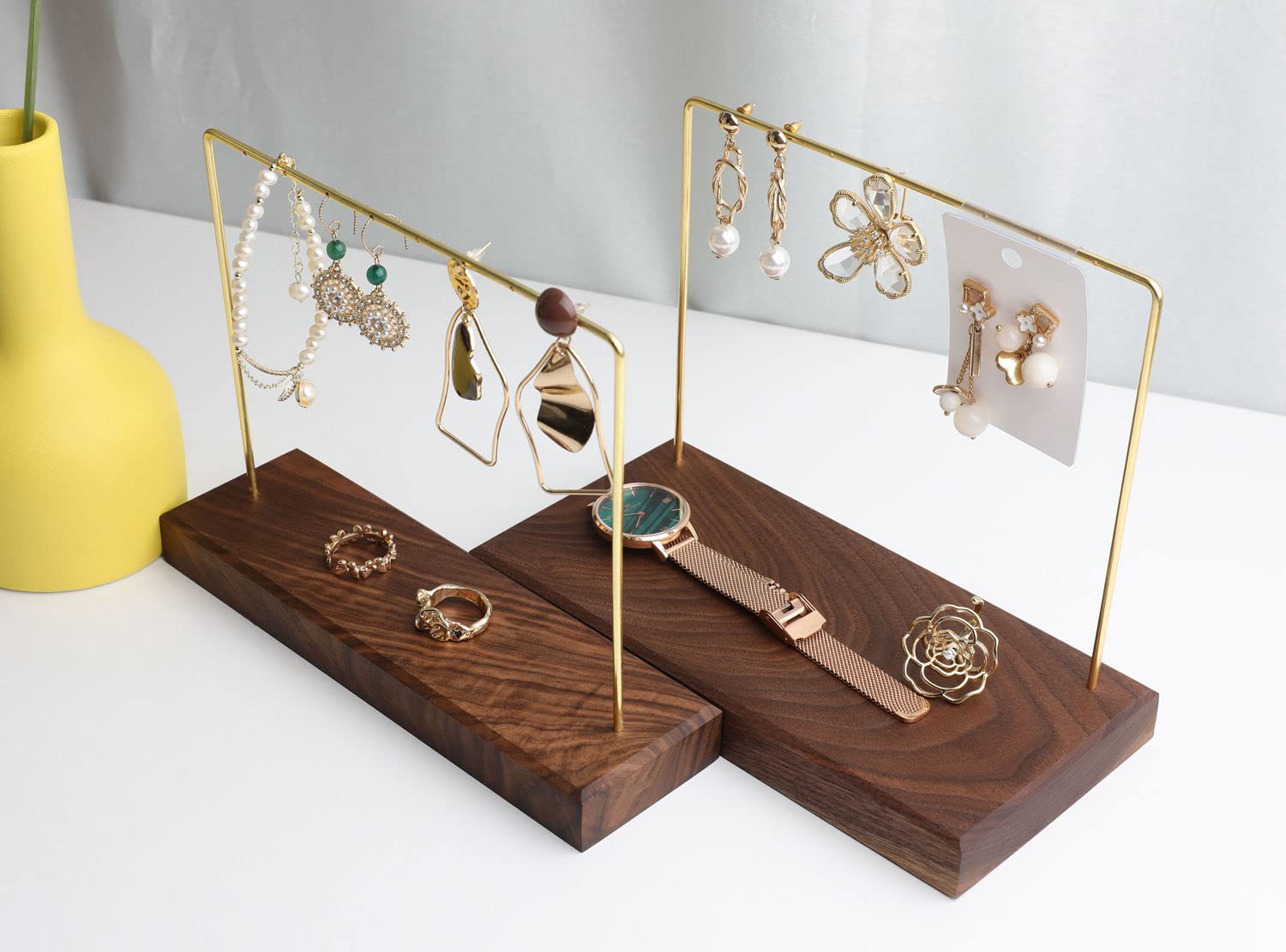 GemeShou Walnut Brass Jewelry Storage Display, Wooden earring organizer for dangle hoop hook, Earring display stands for boutique Closet show【Walnut U Shelf Height 5.91"-Big】