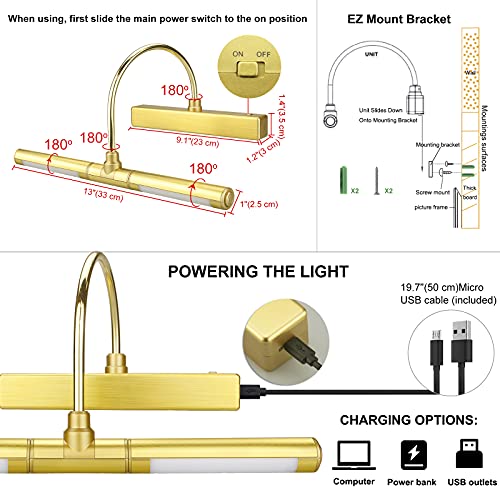 HONGUT Wireless Painting Lights with Remote, Rechargeable Picture Light,28 LEDs Rotatable Light Head with 12 Color Changing, Dimmable Display Light with Timer for Frame, Portrait, Art, Dartboard-Gold