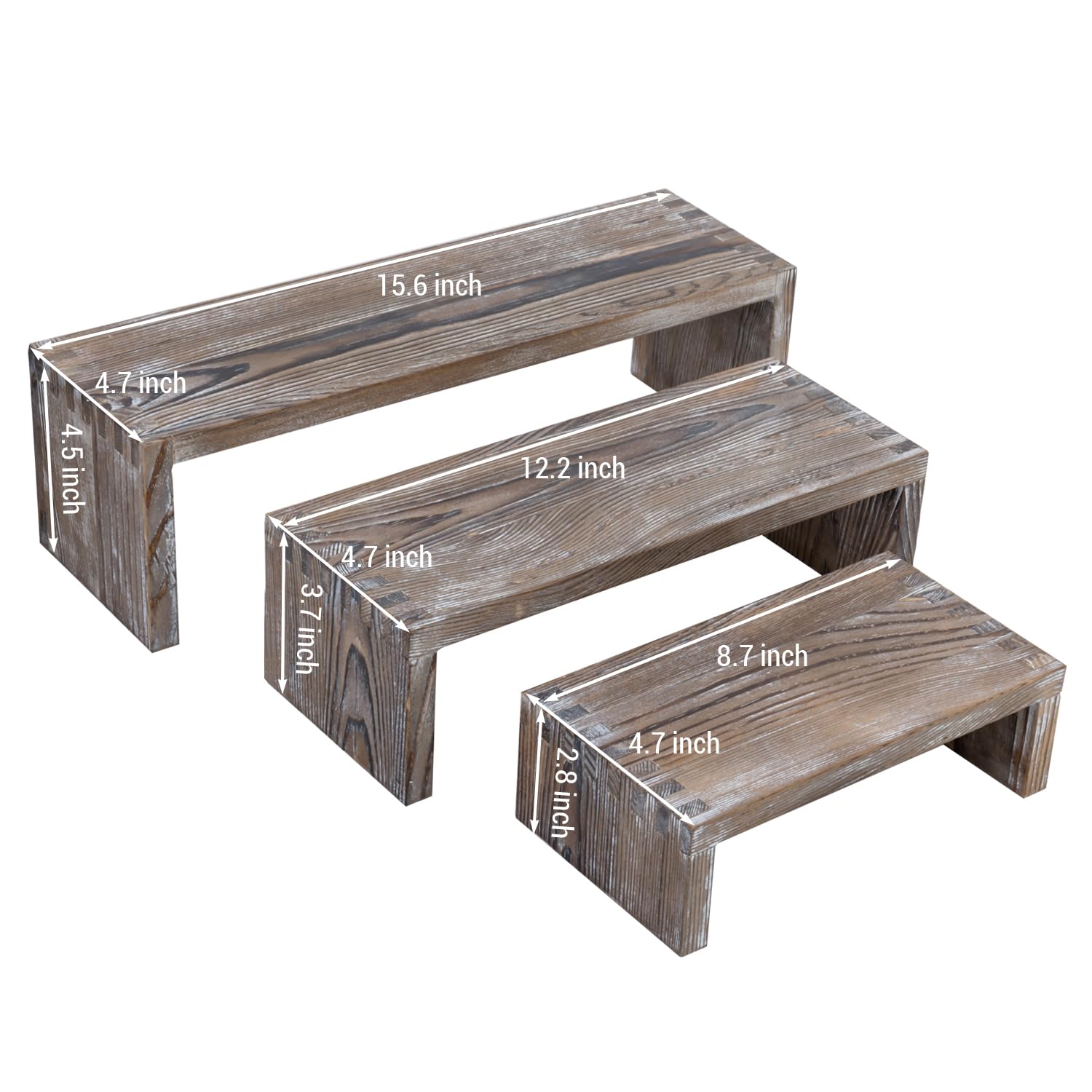 MyGift Rustic Brown Wood 3-Tier Collectibles Figurine Display Risers, Dessert Showcase Stands, Set of 3