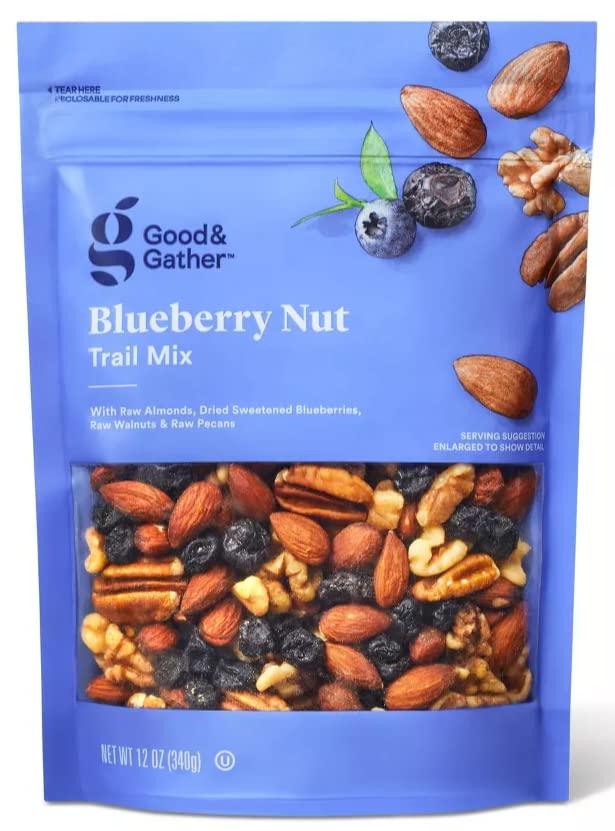 Good & Gather Blueberry Nut Trail Mix 12 Ouces. Raw Almonds, Dried Sweetened Blueberries, Raw Walnuts and Pecans.