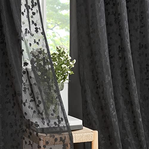 Jubilantex Full Blackout Curtains + Leaf Sheer Window Panels, Mix and Match Style Double Layer Window Treatment Sets for Bedroom Living Room, 4 Panels 52" W x 84" L, Black and Black