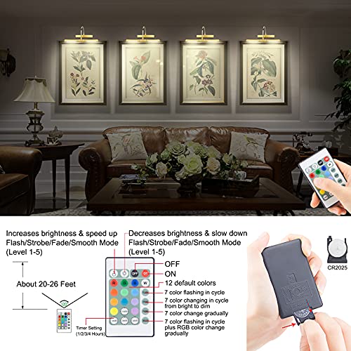 HONGUT Wireless Painting Lights with Remote, Rechargeable Picture Light,28 LEDs Rotatable Light Head with 12 Color Changing, Dimmable Display Light with Timer for Frame, Portrait, Art, Dartboard-Gold
