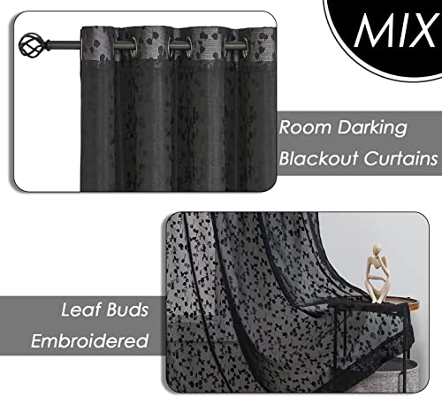 Jubilantex Full Blackout Curtains + Leaf Sheer Window Panels, Mix and Match Style Double Layer Window Treatment Sets for Bedroom Living Room, 4 Panels 52" W x 84" L, Black and Black