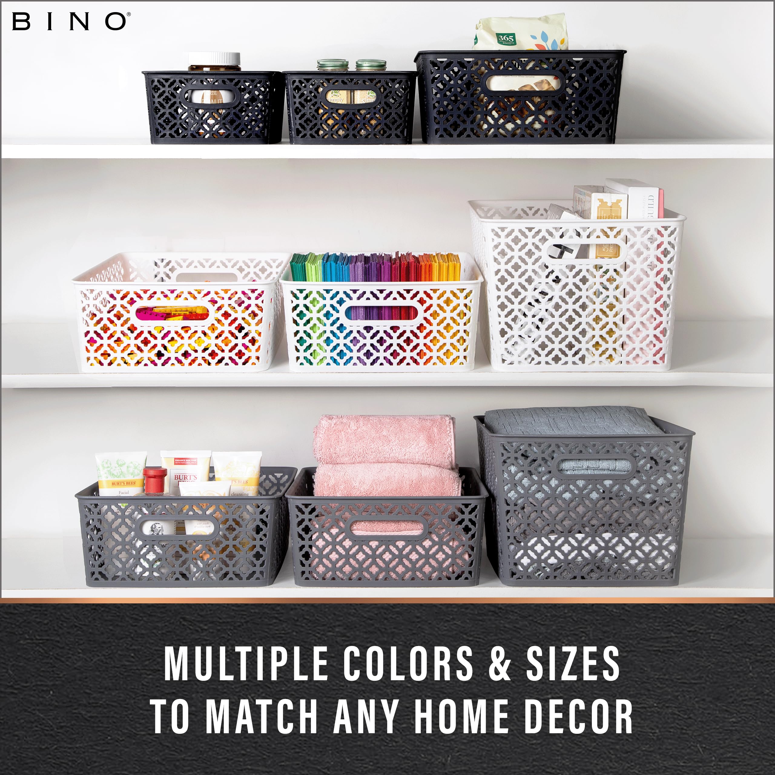 BINO l Plastic Storage Baskets, Medium - Grey | THE BLOSSOM COLLECTION l Multi-Use Organizer Bin l Built-in Handles l Plastic Woven Basket for Organizing l Pantry & Home Organizing Basket