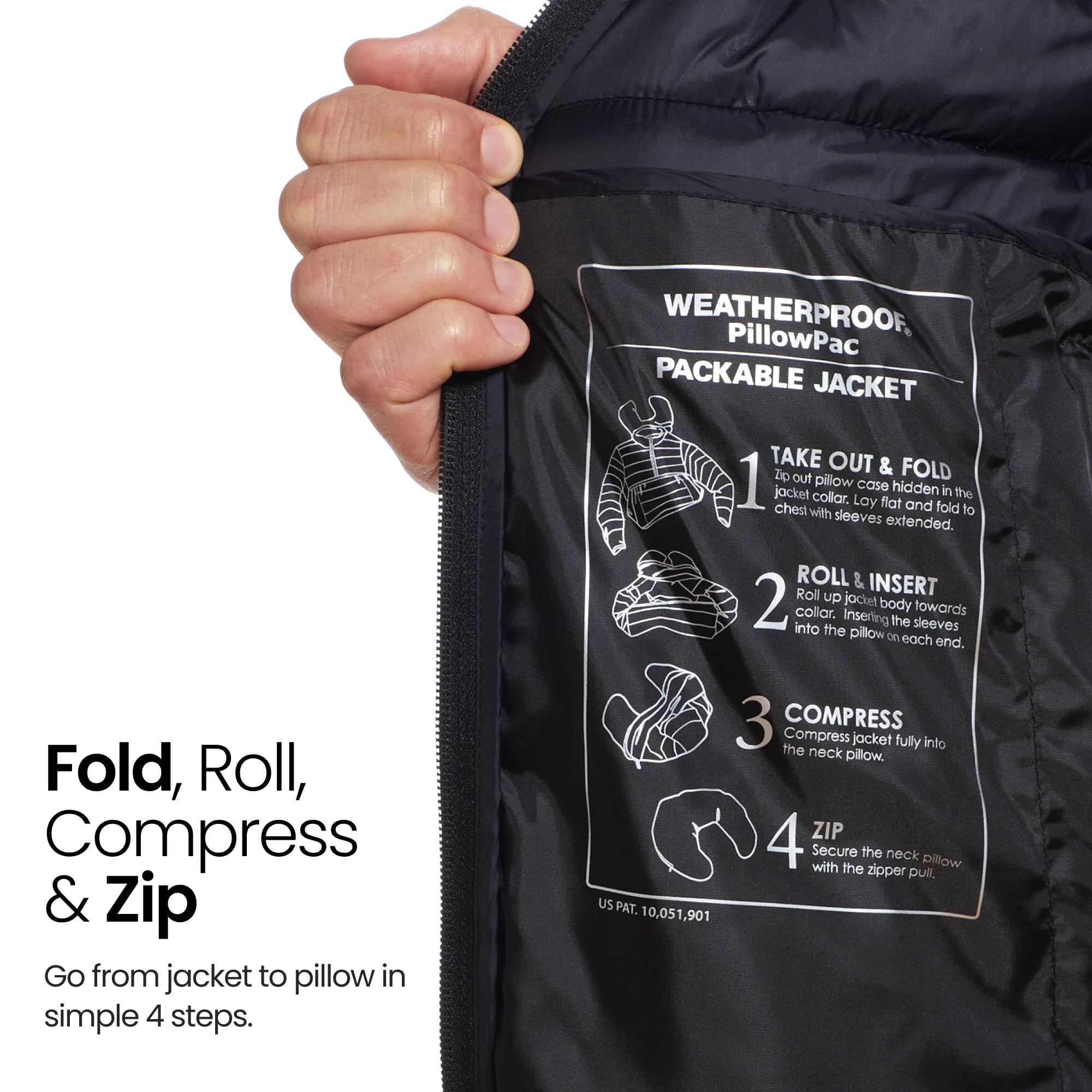 Weatherproof Women's Packable Puffer Jacket with Travel Neck Pillow - Lightweight, Warm, Water-Resistant Down Jacket (Large) Black | Quilted, Packable Travel Jacket with Long Zipper