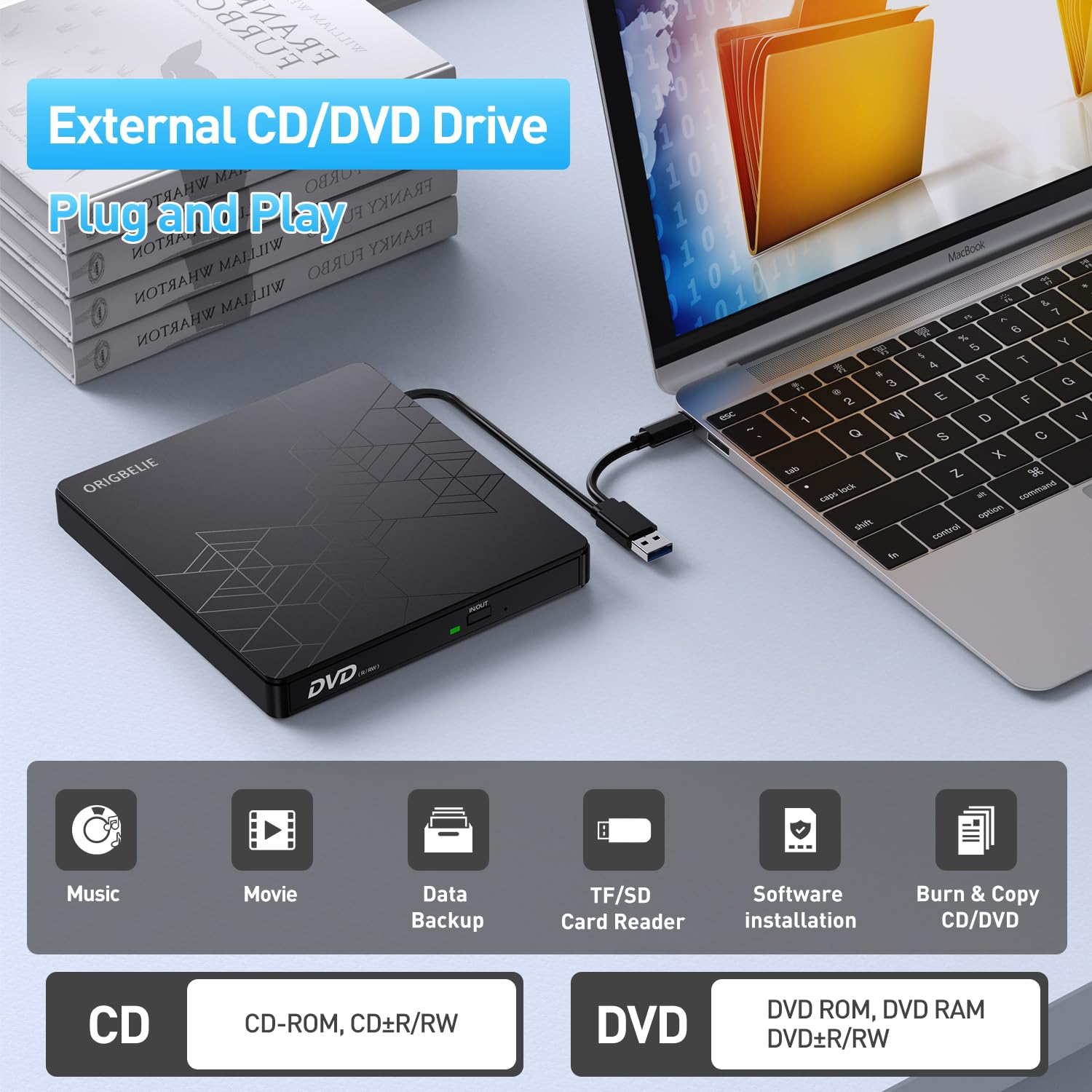 ORIGBELIE External CD DVD Drive, CD Burner USB 3.0 with 2 USB Ports and 2 TF/SD Card Slots, Optical Disk Drive for Laptop Mac, PC Windows 11/10/8/7 Linux OS with Carrying Case