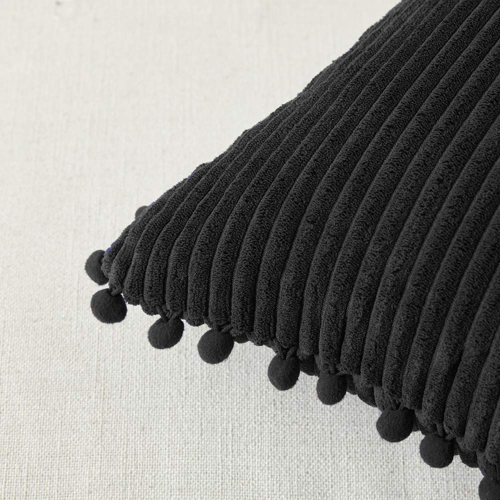 Fancy Homi Pack of 2 Black Decorative Throw Pillow Covers with Pom-poms, Soft Corduroy Solid Square Cushion Cases Set for Couch Sofa Bedroom Car Living Room (18x18 Inch/45x45 cm, Black)