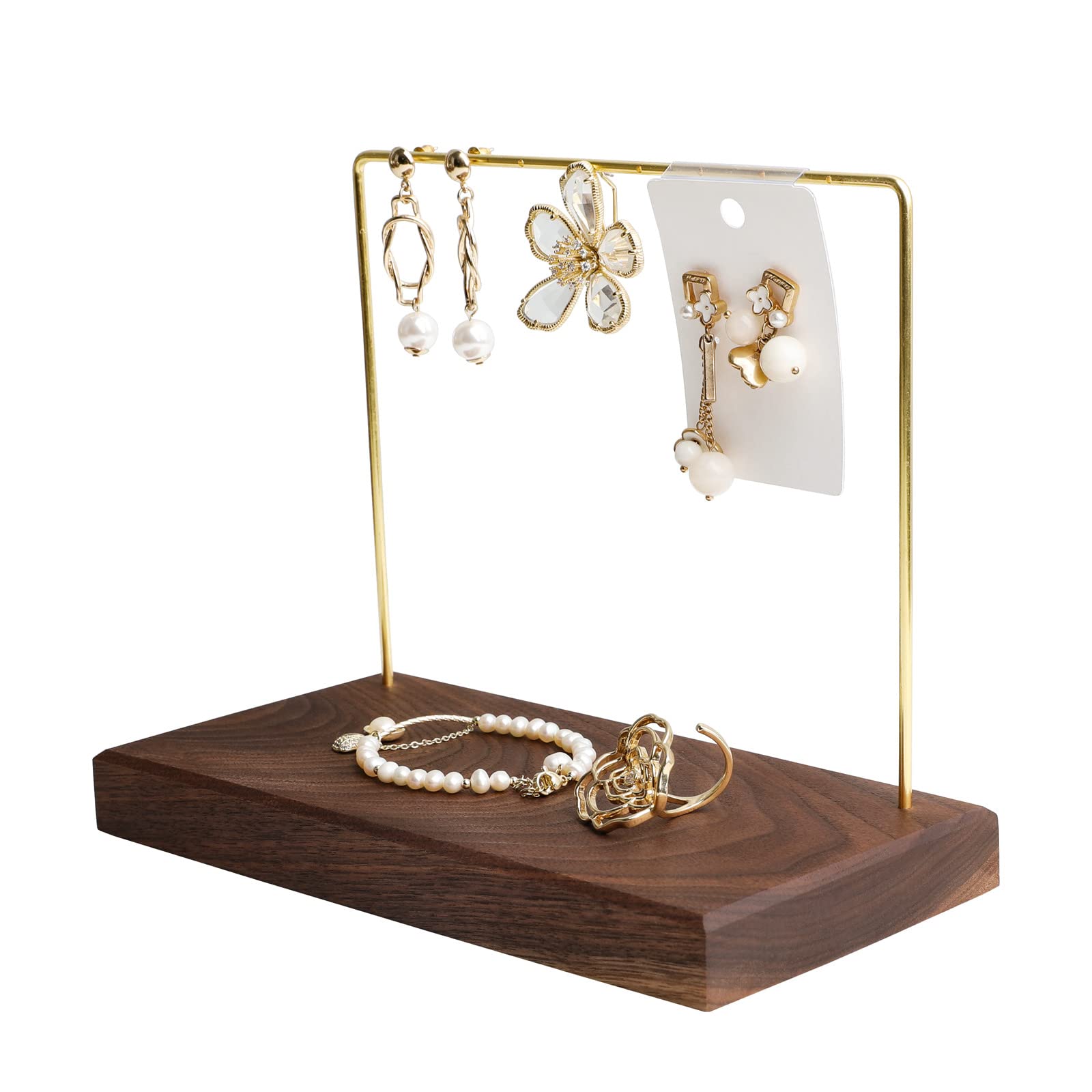 GemeShou Walnut Brass Jewelry Storage Display, Wooden earring organizer for dangle hoop hook, Earring display stands for boutique Closet show【Walnut U Shelf Height 5.91"-Big】