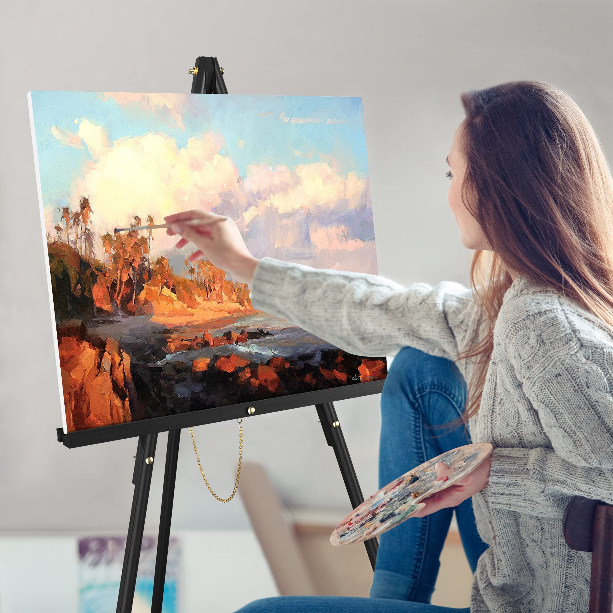 Art Easel Wooden Stand - 63" Tripod Display Artist Wood Easel - Adjustable Floor Stand for Wedding Welcome Sign, Painting, Drawing Board, Display Show - Black