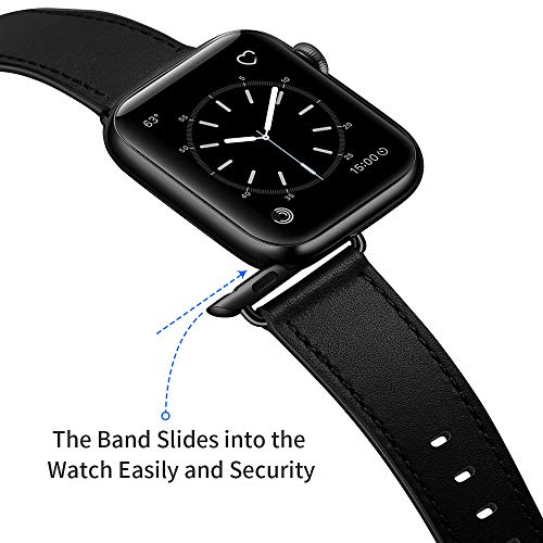 OUHENG Compatible with Apple Watch Band 49mm 45mm 44mm 42mm, Genuine Leather Band Replacement Strap Compatible with Apple Watch Ultra Series 8/7/6/5/4/3/2/1/SE2/SE, Black Band with Black Adapter