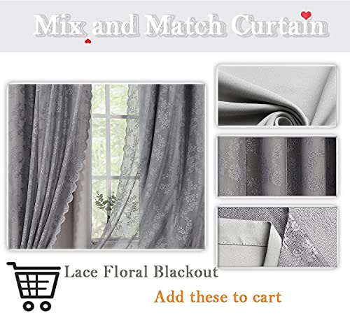 4 Pieces Grey Blackout Curtains & Elegant Rose Floral Lace Sheer Curtains for Bedroom Farmhouse Mix and Match Double Layer Or Single Layer Gray Room Darkening Grommet Window Drapes, 52"W x 84"L x 4