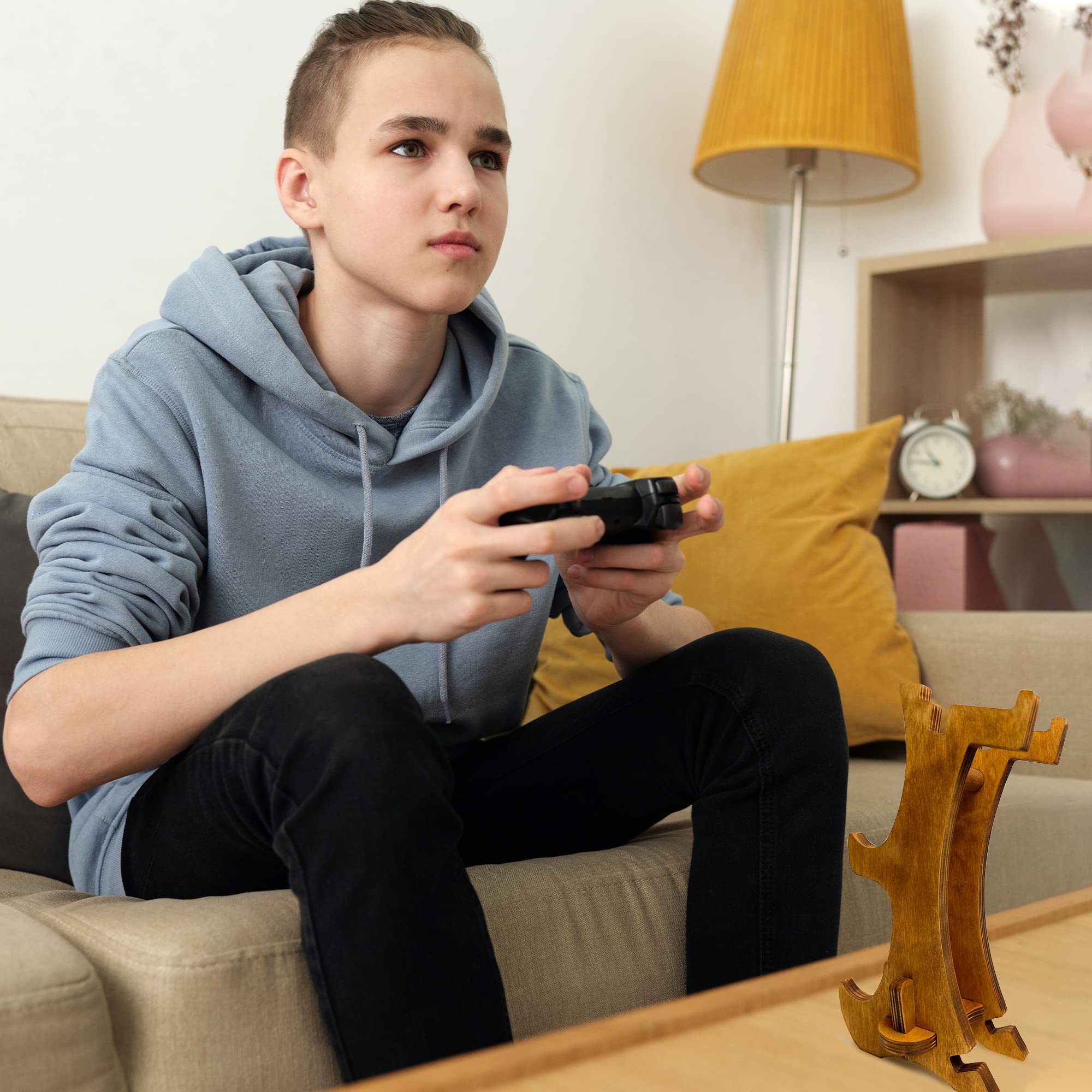 ROSTMARYGIFT Wooden Controller Stand - Dual Game Controller Holder, Headphone Hanger and Phone Stand - Universal Gaming Acessories and Gamer Gift - Portable Headset Storage Organizer