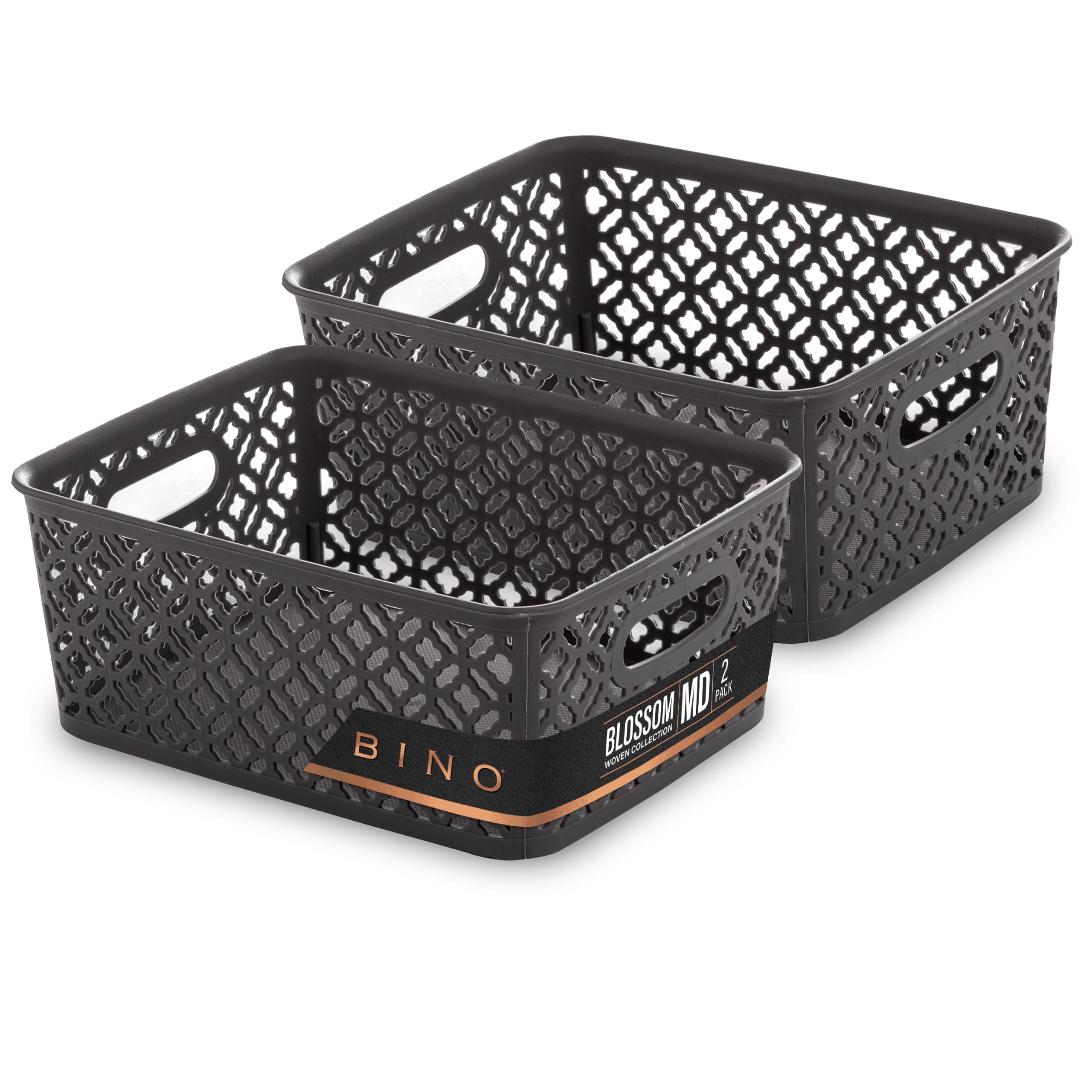 BINO l Plastic Storage Baskets, Medium - Grey | THE BLOSSOM COLLECTION l Multi-Use Organizer Bin l Built-in Handles l Plastic Woven Basket for Organizing l Pantry & Home Organizing Basket