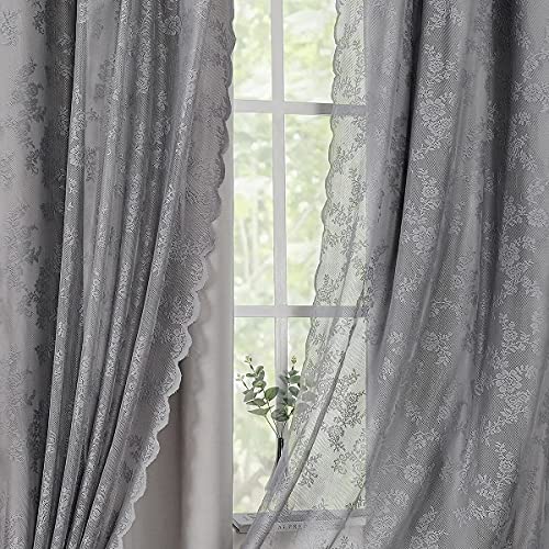 4 Pieces Grey Blackout Curtains & Elegant Rose Floral Lace Sheer Curtains for Bedroom Farmhouse Mix and Match Double Layer Or Single Layer Gray Room Darkening Grommet Window Drapes, 52"W x 84"L x 4