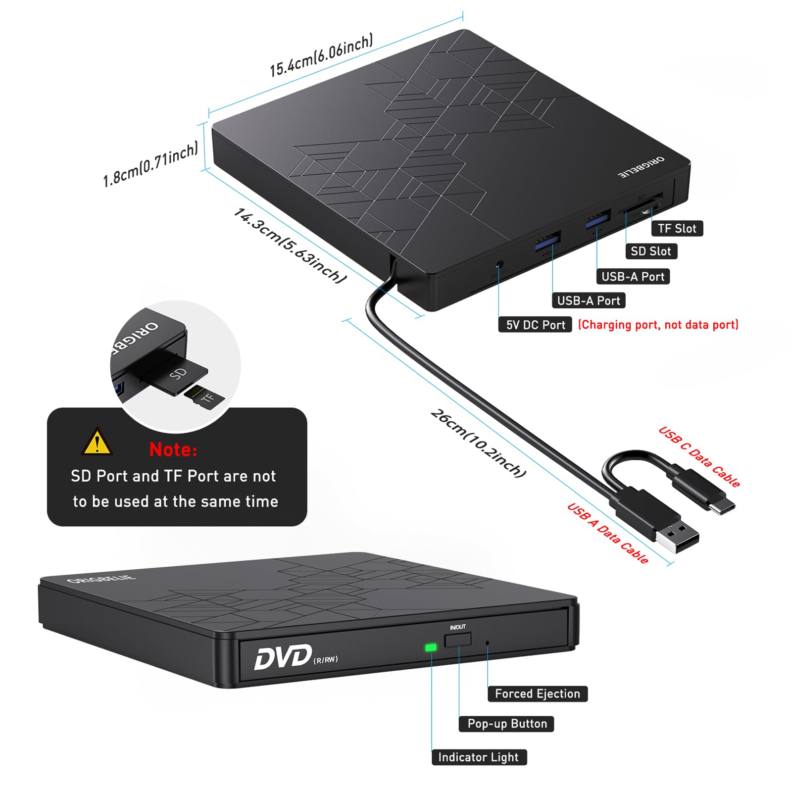 ORIGBELIE External CD DVD Drive, CD Burner USB 3.0 with 2 USB Ports and 2 TF/SD Card Slots, Optical Disk Drive for Laptop Mac, PC Windows 11/10/8/7 Linux OS with Carrying Case