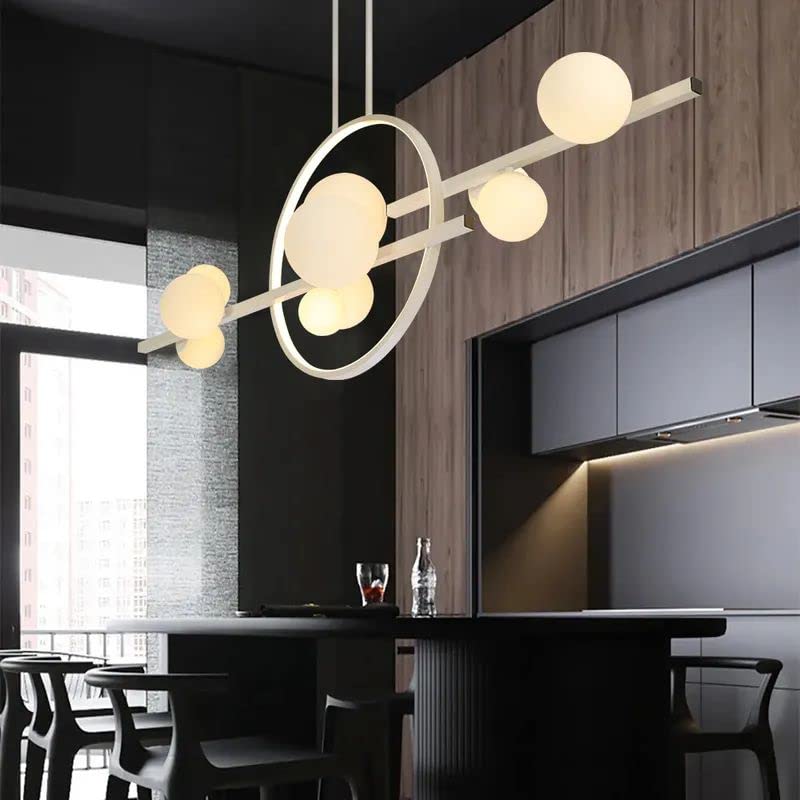 JiuZhuo Minimalist 54.3 Inches 10-Light Glass Globe Shade Sputnik Kitchen Island Light in White,Metal, Glass Shade Linear Pendant Light