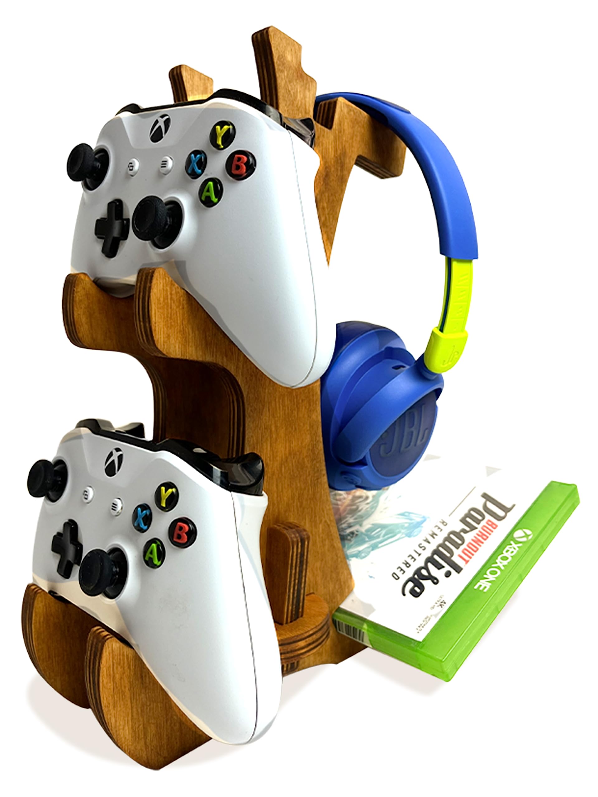 ROSTMARYGIFT Wooden Controller Stand - Dual Game Controller Holder, Headphone Hanger and Phone Stand - Universal Gaming Acessories and Gamer Gift - Portable Headset Storage Organizer