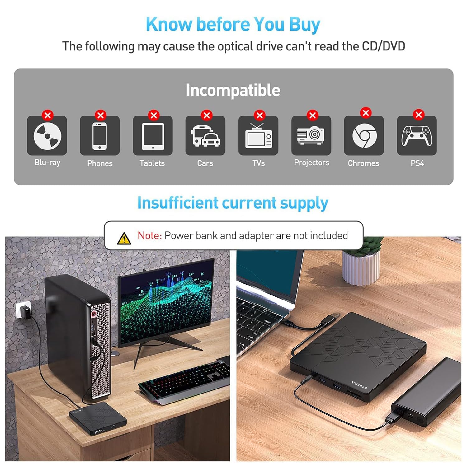 ORIGBELIE External CD DVD Drive, CD Burner USB 3.0 with 2 USB Ports and 2 TF/SD Card Slots, Optical Disk Drive for Laptop Mac, PC Windows 11/10/8/7 Linux OS with Carrying Case