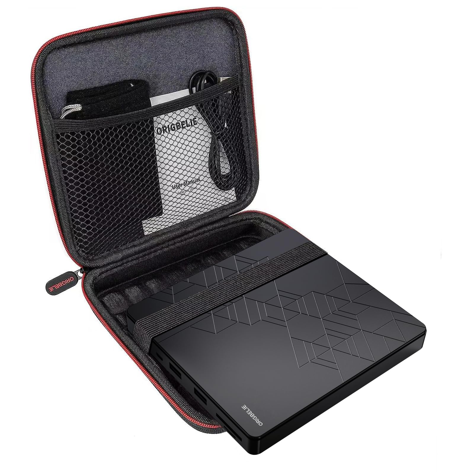 ORIGBELIE External CD DVD Drive, CD Burner USB 3.0 with 2 USB Ports and 2 TF/SD Card Slots, Optical Disk Drive for Laptop Mac, PC Windows 11/10/8/7 Linux OS with Carrying Case