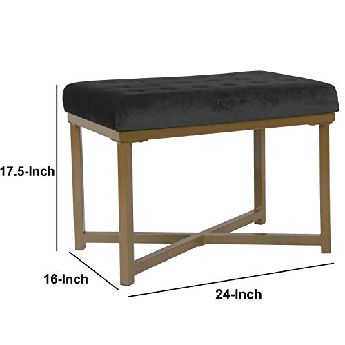 Benjara Metal Framed Ottoman with Button Tufted Velvet Upholstered Seat, Black and Gold